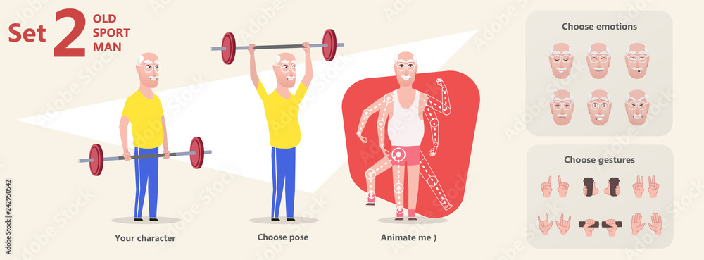 Happy grandpa old man character doing exercise workout with dumbbell ...