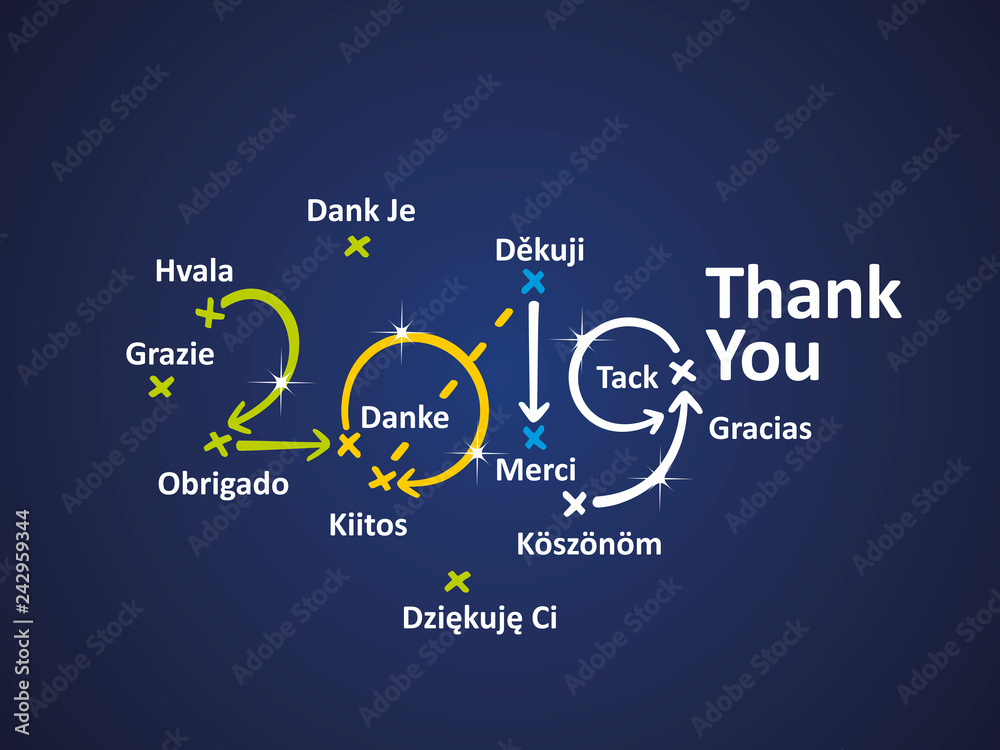 Thank You in different languages 2019 blue background vector Stock ...