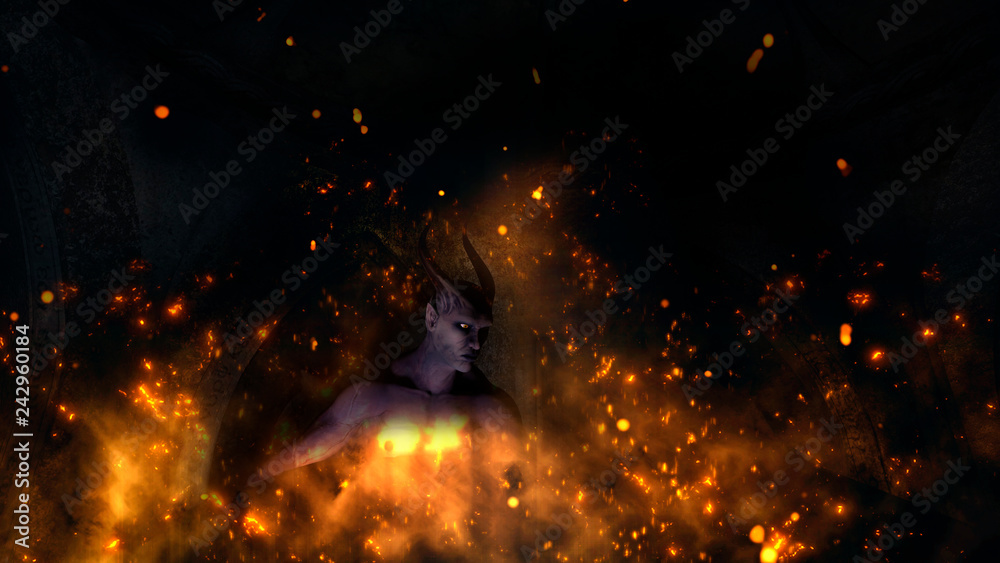 Fallen angel satan in a crypt at fire Stock Illustration | Adobe Stock
