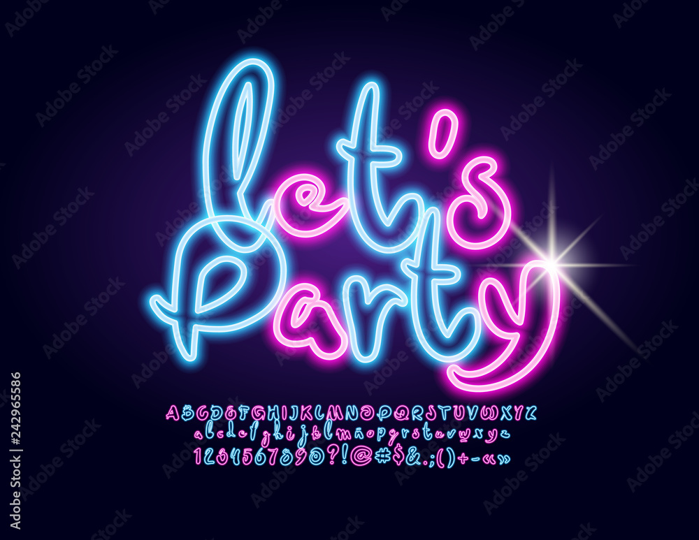 Vector Neon Emblem Let's Party. Glowing Alphabet Letters, Numbers and ...