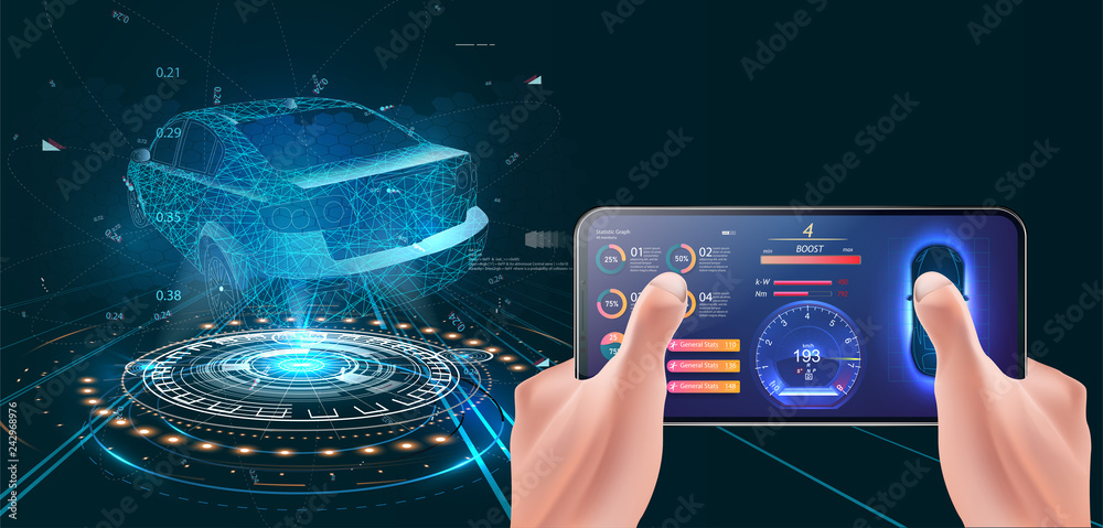 Futuristic car cockpit and touch screen. Autonomous car. Driverless ...