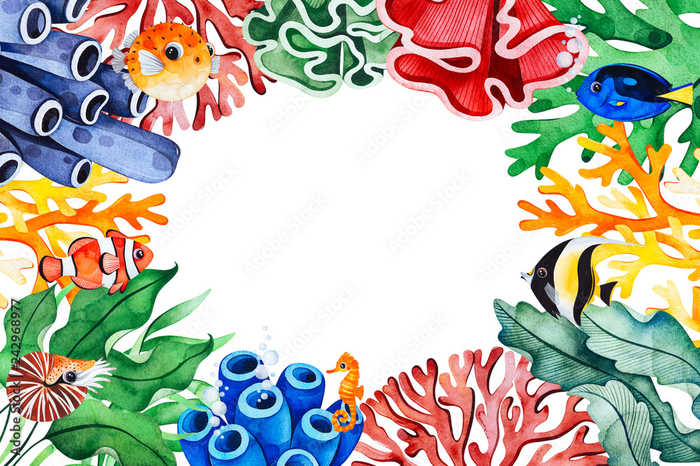 Underwater creatures frame border with multicolored corals,seaweeds ...