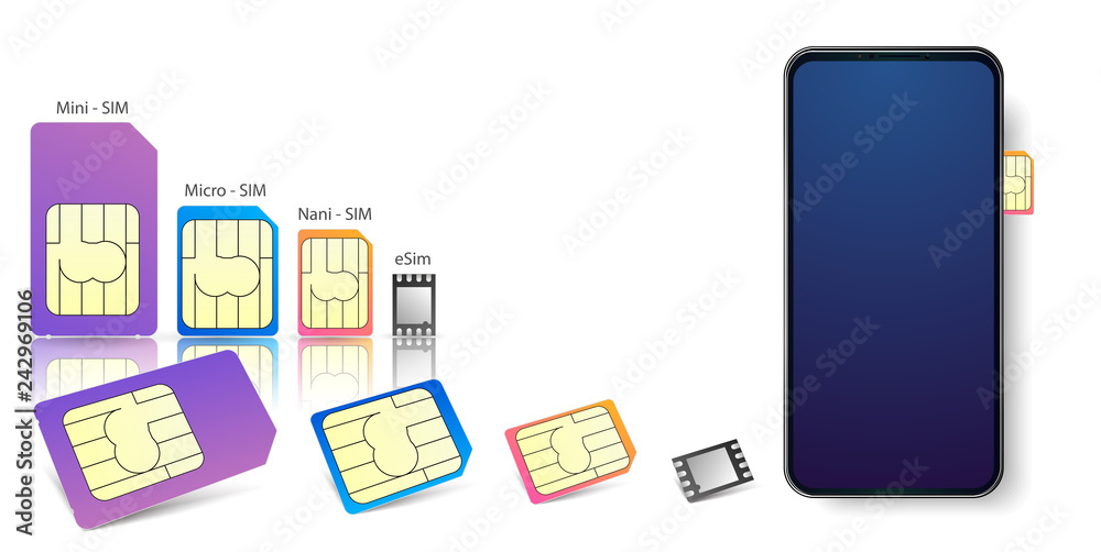 Realistic sim phone smartphone icon set with various sizes of sim cards ...