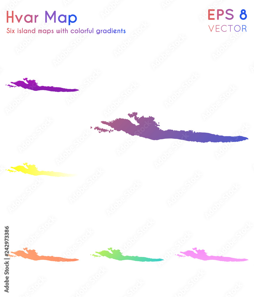 Map of Hvar with beautiful gradients. Artistic set of Hvar maps. Classy ...