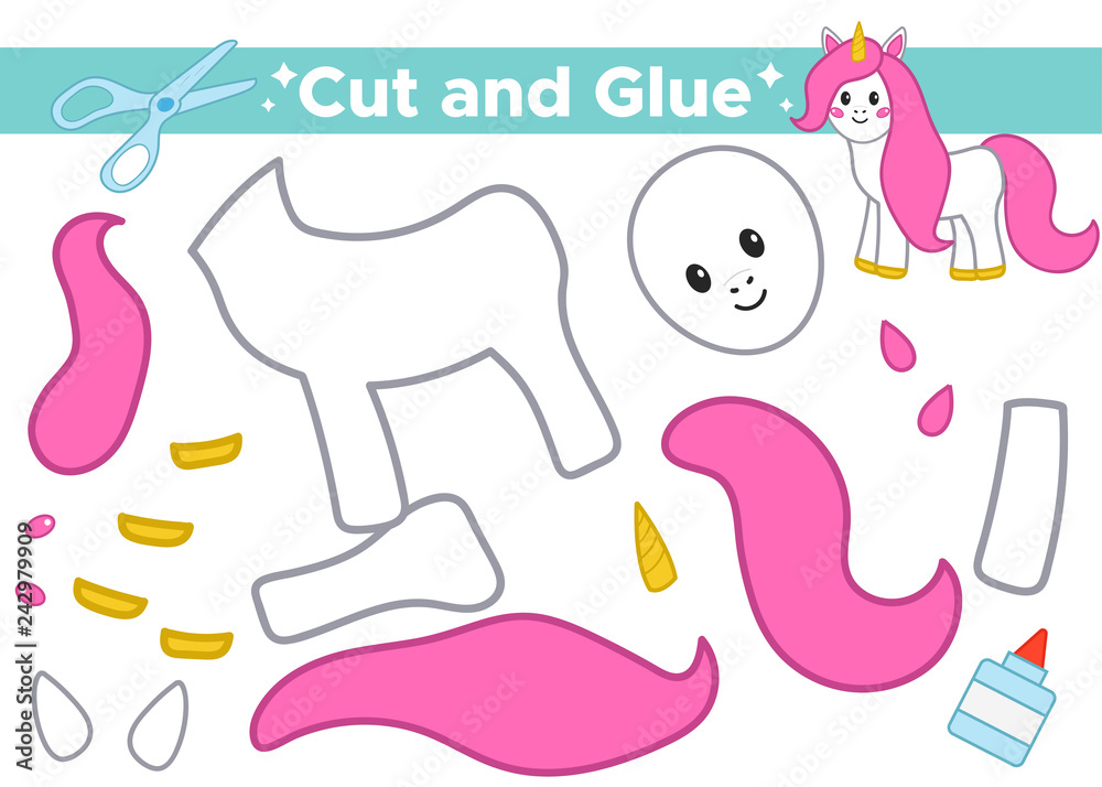 Cute cartoon unicorn. Cut elements and glue. Paper educational game for ...