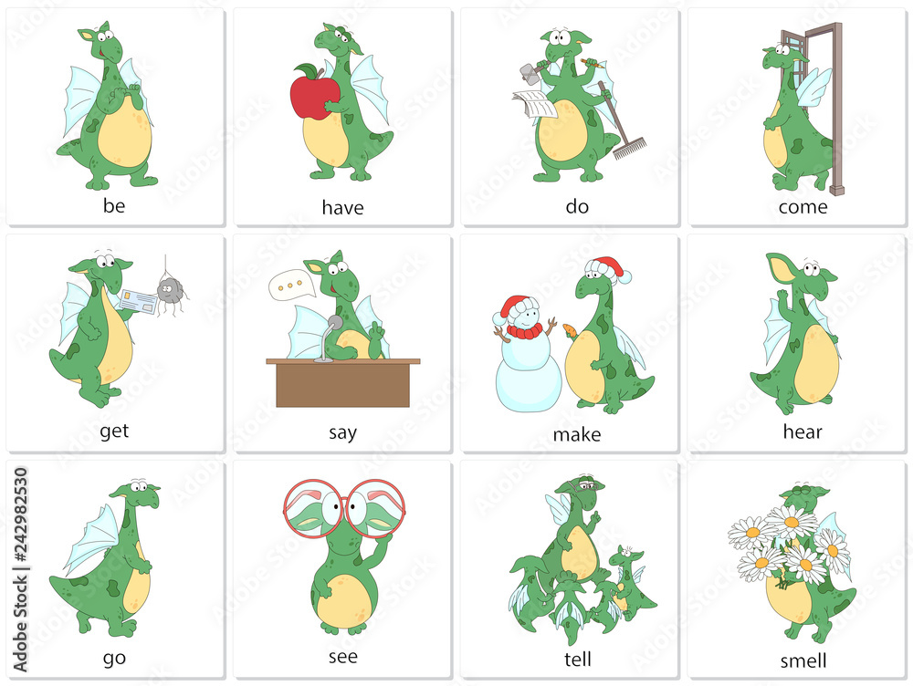 Irregular english verbs with funny dragon Stock Vector | Adobe Stock