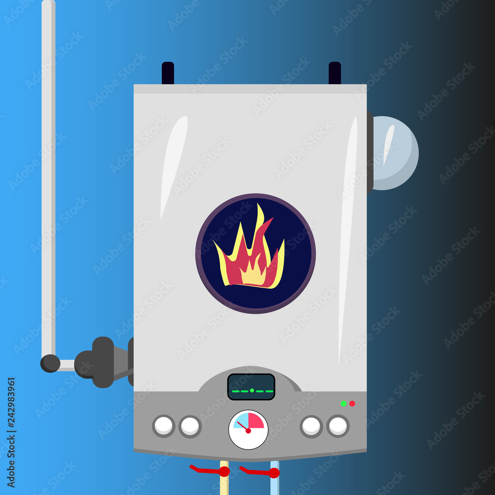 gas boiler, on a blue background, fire inside, vector cartoon ...