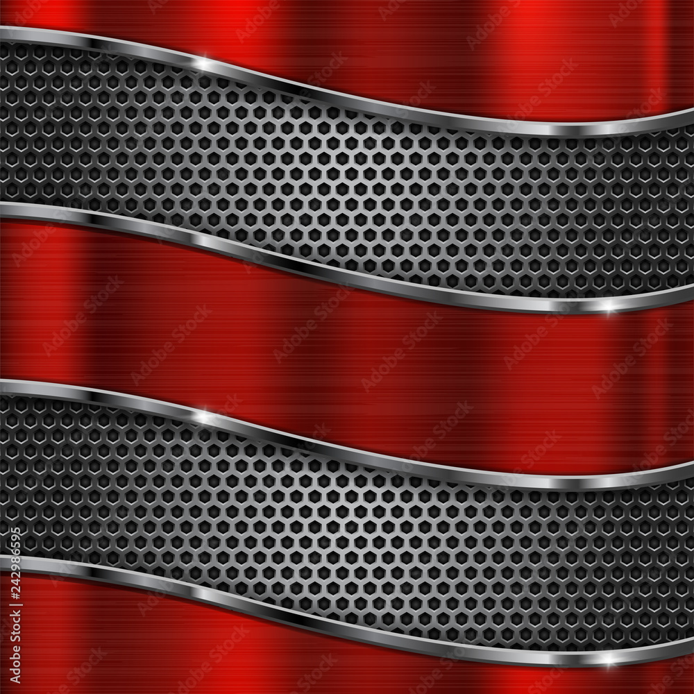 Brushed metal texture. Scratched red metallic surface with perforation ...