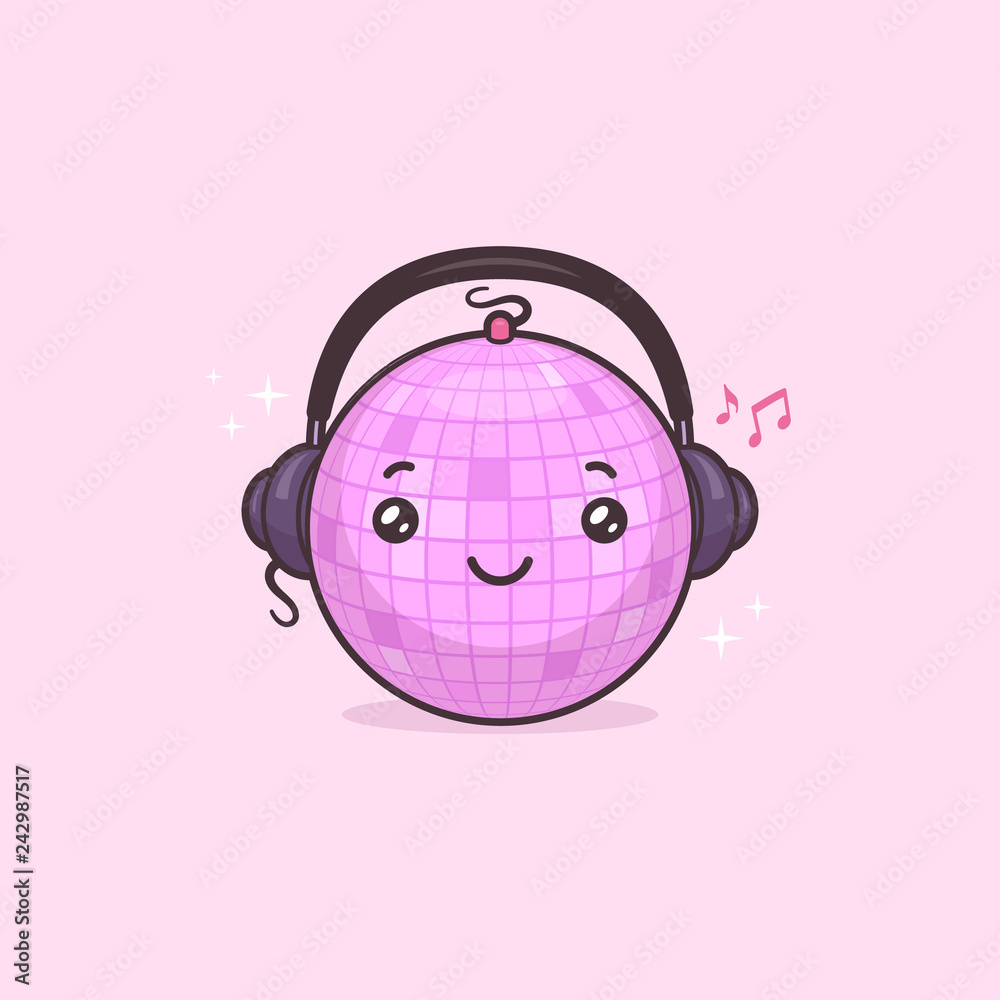 Cute disco ball with headphones kawaii face vector cartoon illustration ...