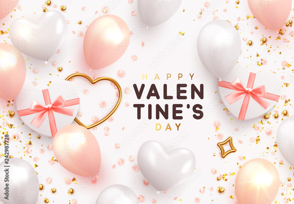 Valentines Day banner. Background design, realistic gifts box with ...