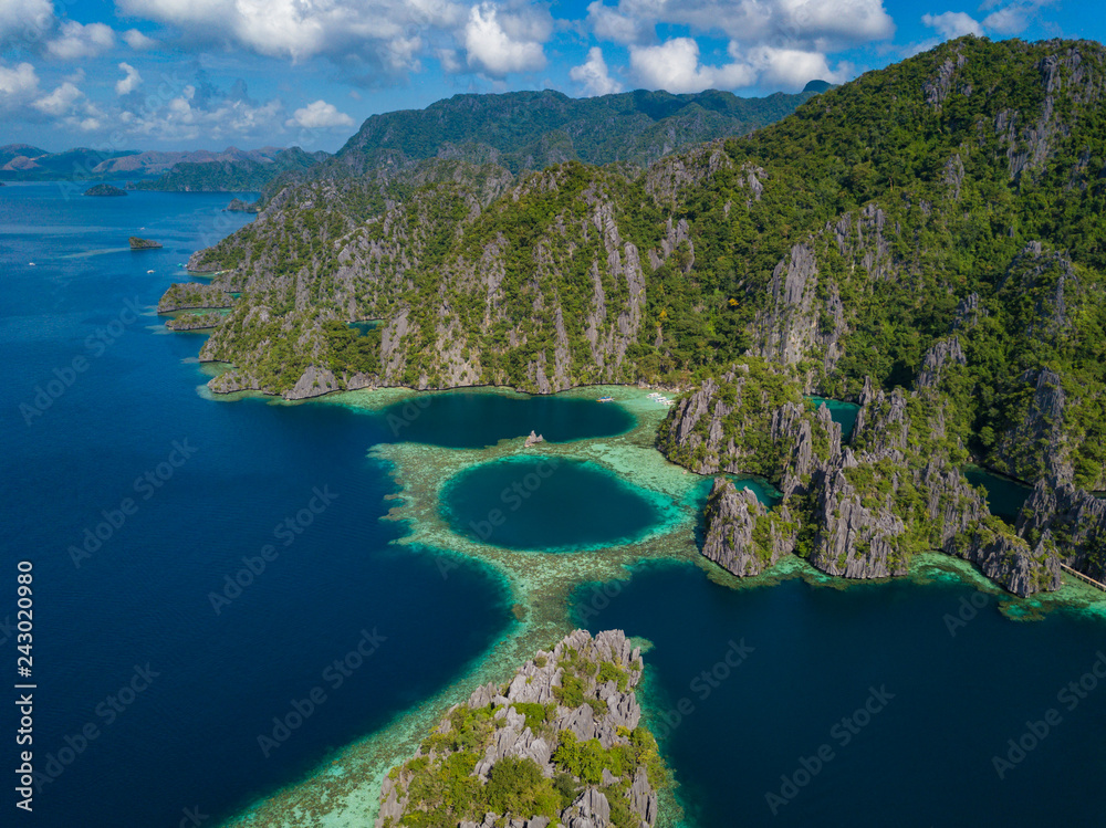 Aerial view to tropical Twin lagoon with azure water, Coron island ...