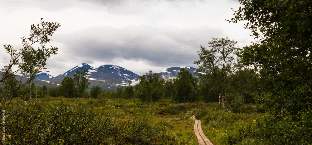 Foot bridge at the beginning of Kungsleden (Kings path) in northern ...