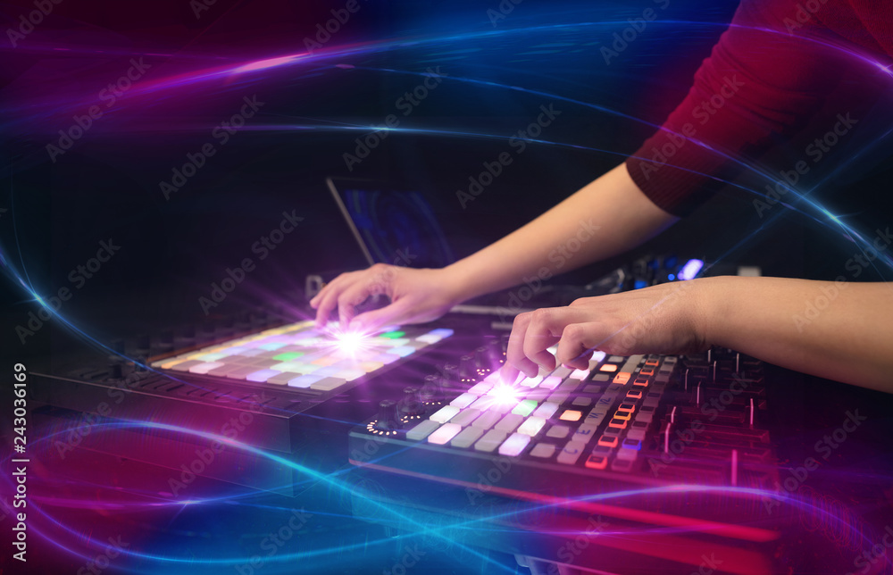Hand mixing music on midi controller with wave vibe concept Stock Photo ...