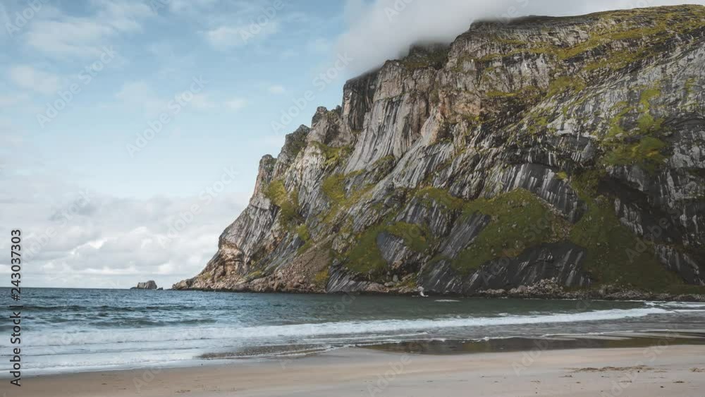 4k Timelapse movie film clip of Bunes sand beach with view to Bunes ...