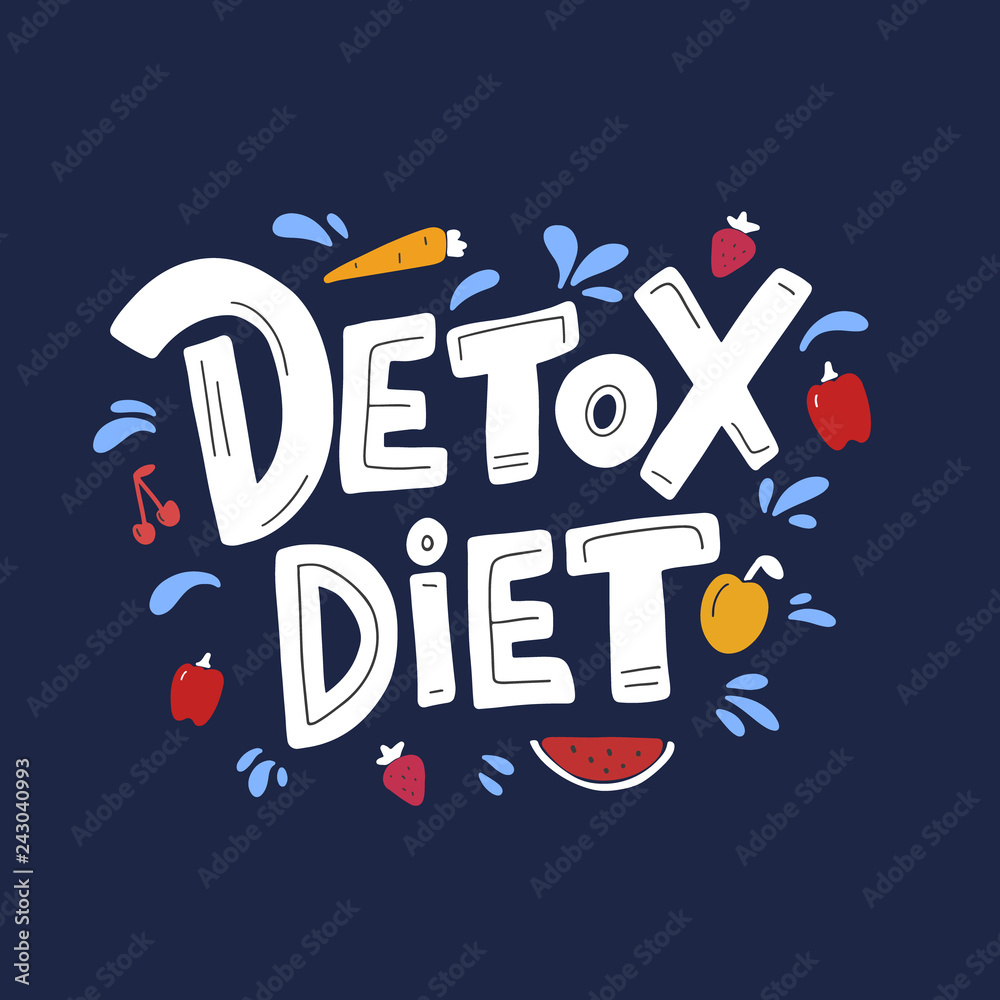 Detox diet vector lettering isolated on blue background. Hand drawn ...