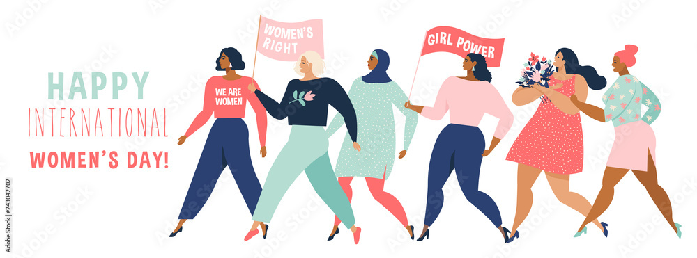 Happy women or girls standing together and holding hands. Group of ...