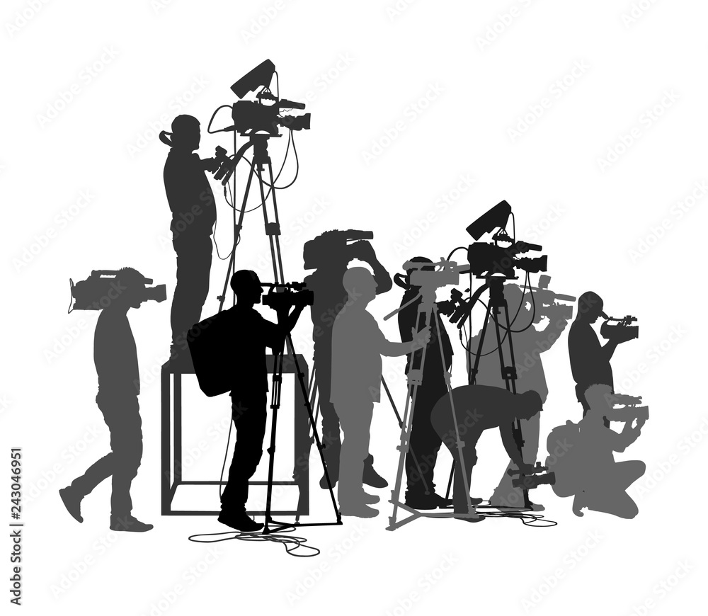 Cameraman crew follows event vector silhouette isolated on white ...