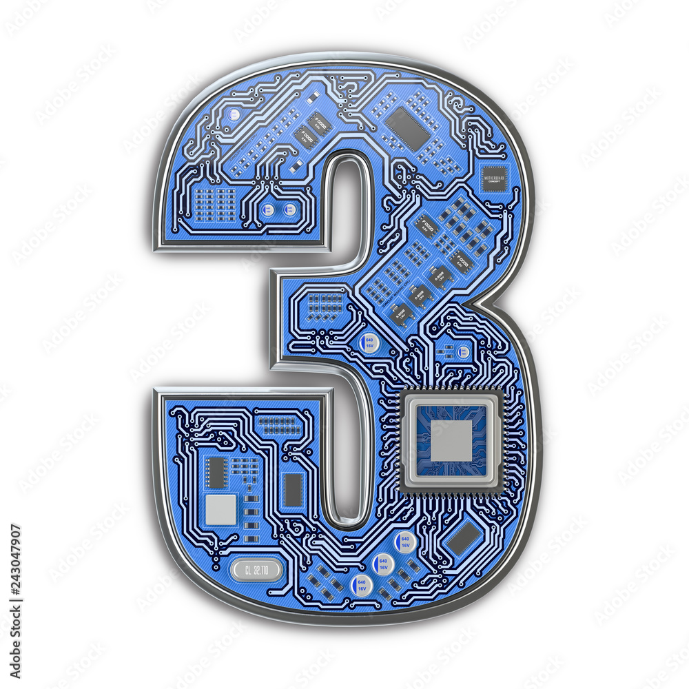 Number 3 three, Alphabet in circuit board style. Digital hi-tech letter ...
