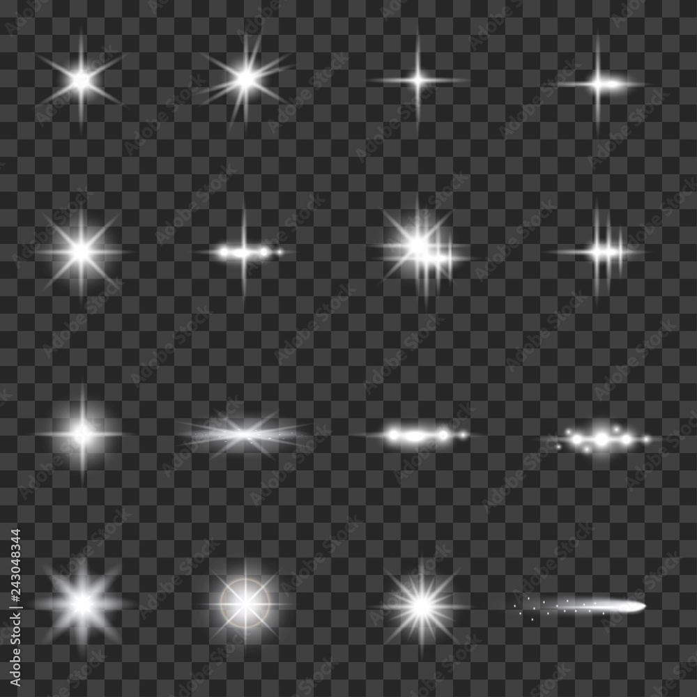 Set of bright beautiful stars. Optical lens glowing flashlight effect ...