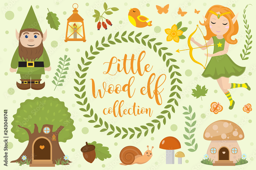 Cute forest elf character set of objects. Collection of design element ...