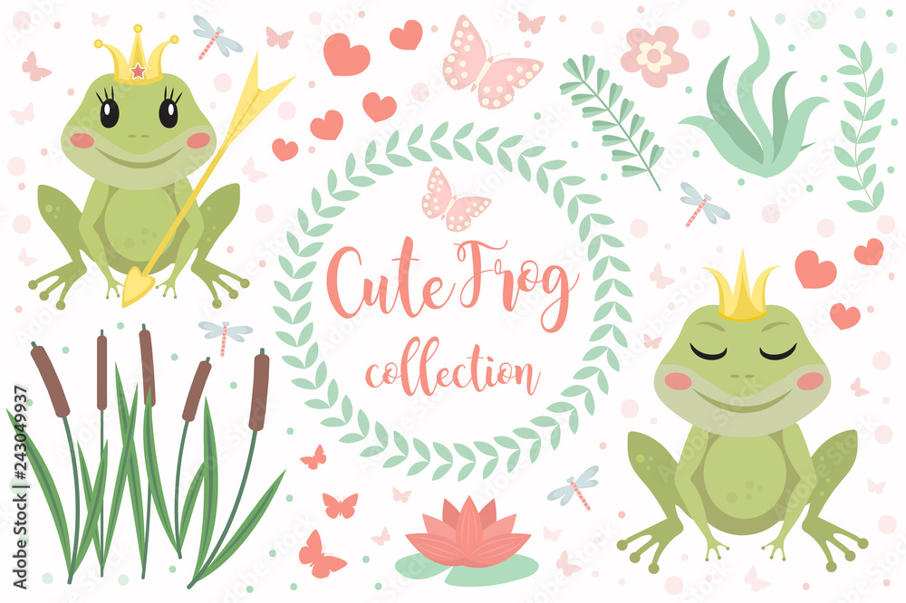 Cute frog princess character set of objects. Collection of design ...