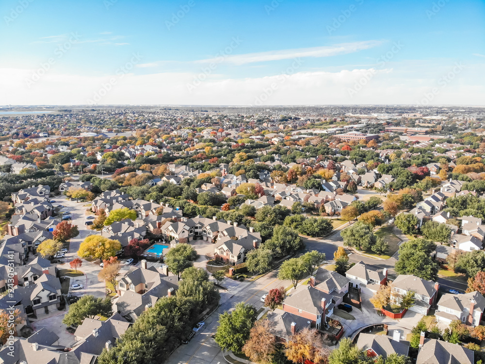 Top view residential subdivision in fall season with colorful autumn ...