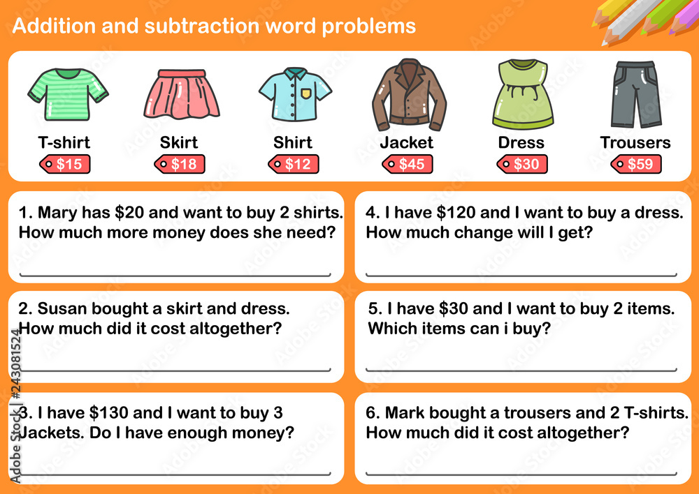 Addition and Subtraction word problems - Worksheet for education. Stock ...