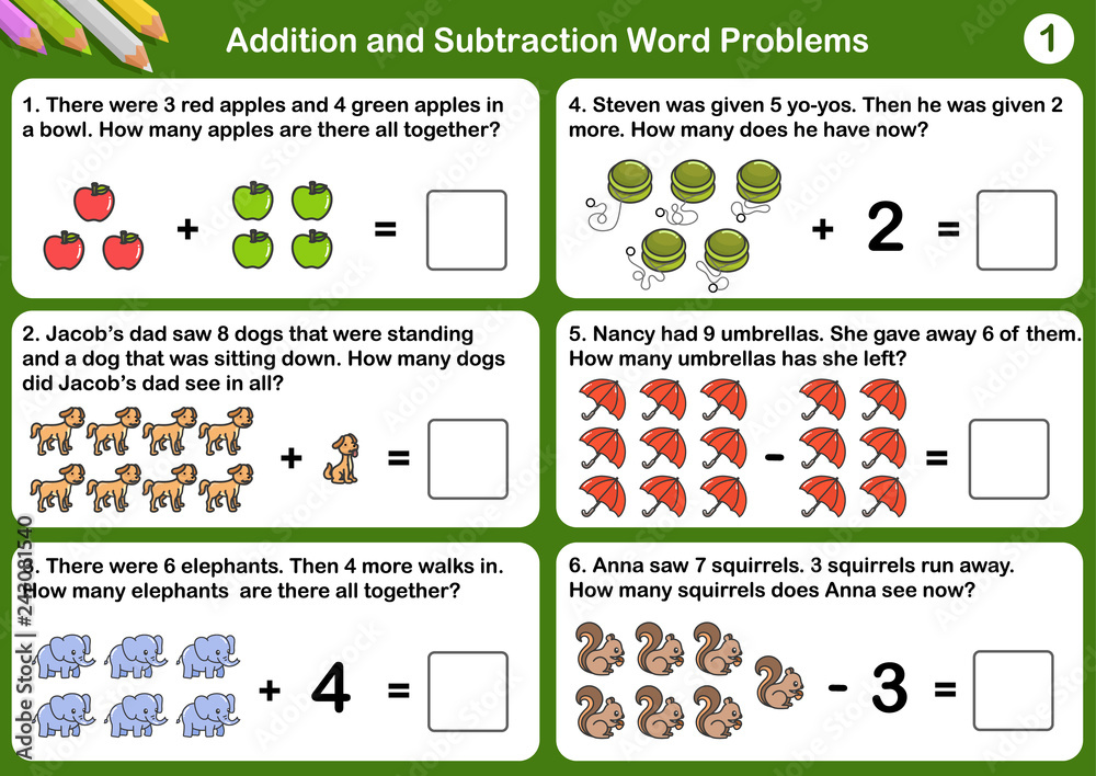 Addition and Subtraction word problems - Worksheet for education. Stock ...