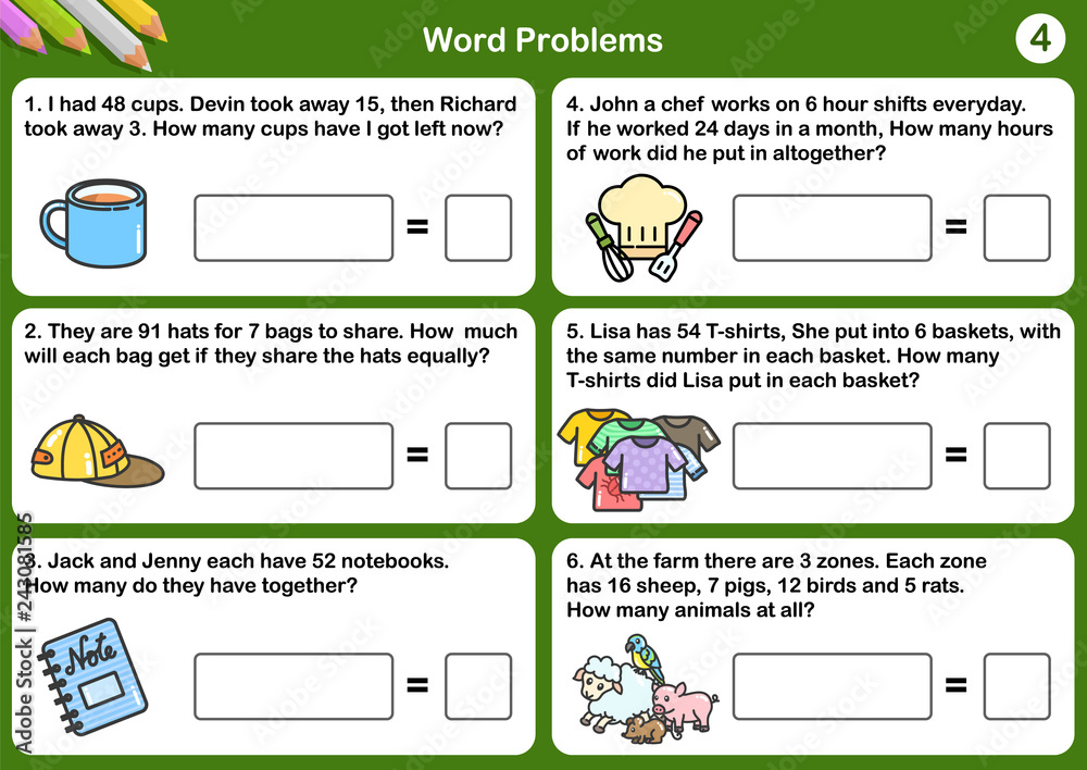 Math word problem worksheets - Sheet for exam and testing. Stock Vector ...