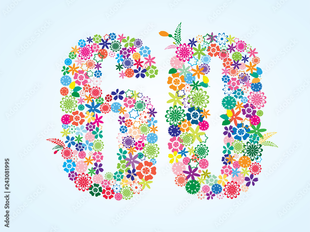 Vector Colorful Floral 60 Number Design isolated on white background ...