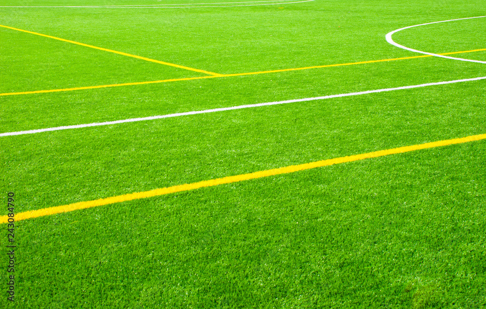 Football field green background with white and yellow line. Sport ...