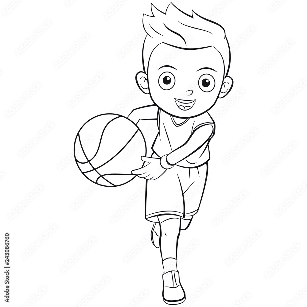 cartoon boy playing basketball - outline Stock Vector | Adobe Stock