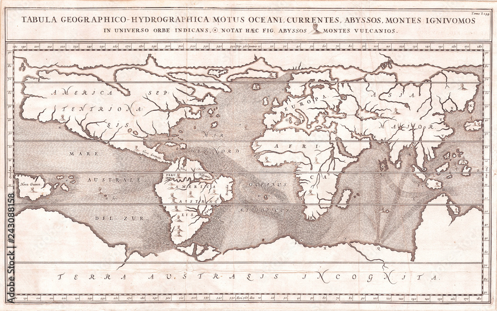 Old Map of the World, Earliest Map of World to Show Currents 1665 ...