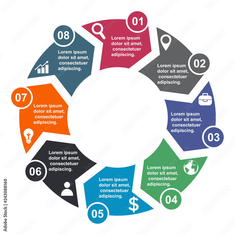 8 step vector element in eight colors with labels, infographic diagram ...