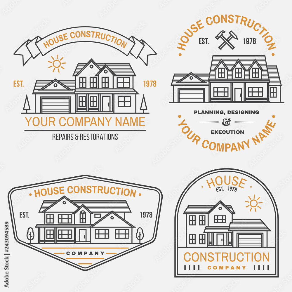 Set of House construction company identity with suburban american house ...