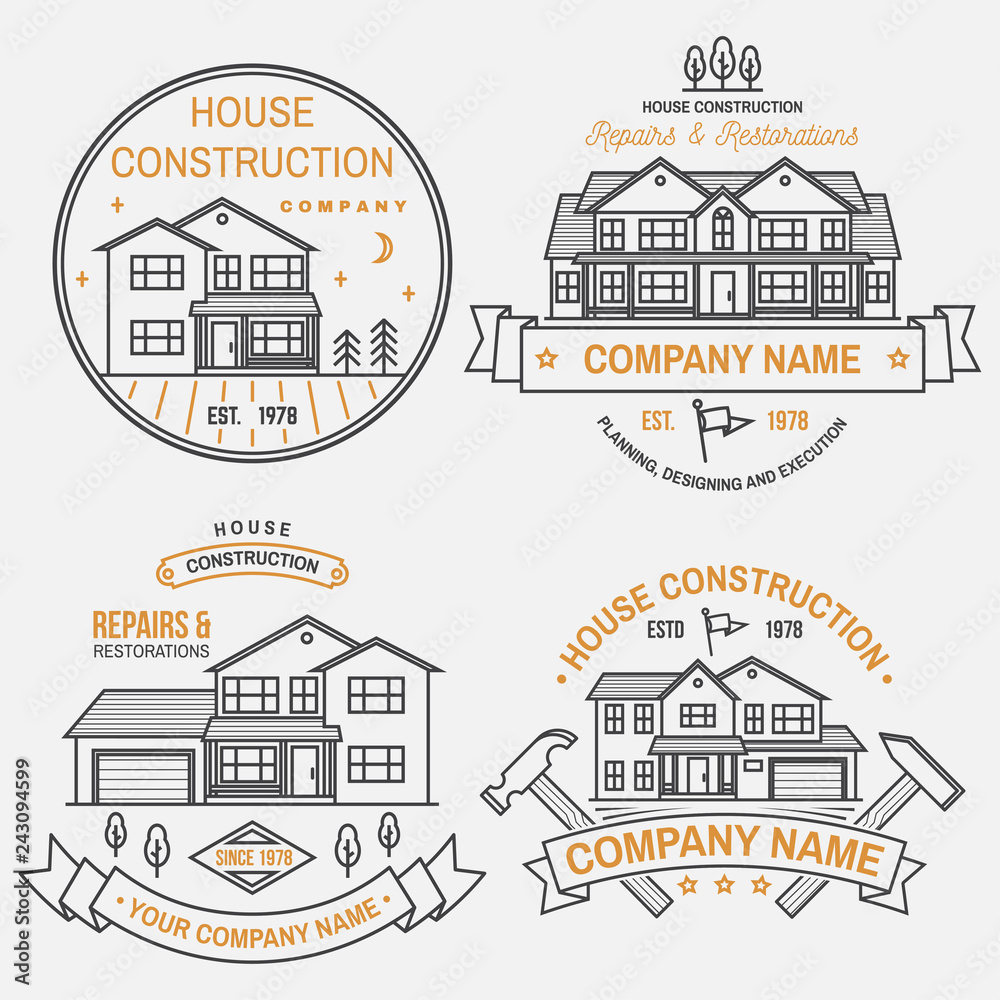 Set of House construction company identity with suburban american house ...