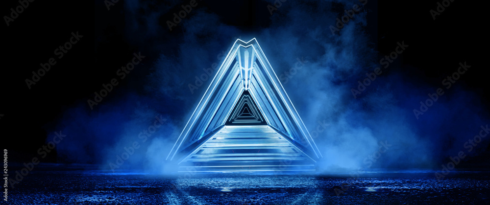 Neon pyramid, light triangle, in empty dark outer space with neon light ...