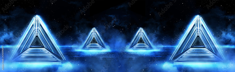 Neon pyramid, light triangle, in empty dark outer space with neon light ...