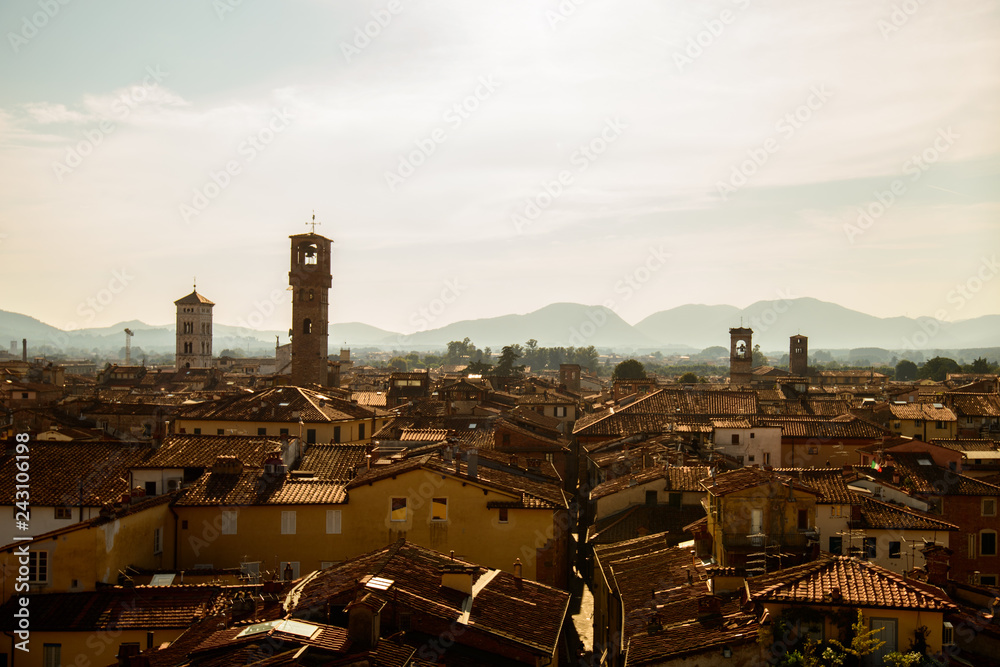 Landmarks of Italy - beautiful medieval town Lucca in Tuscany. City view from Guinigi tower ...