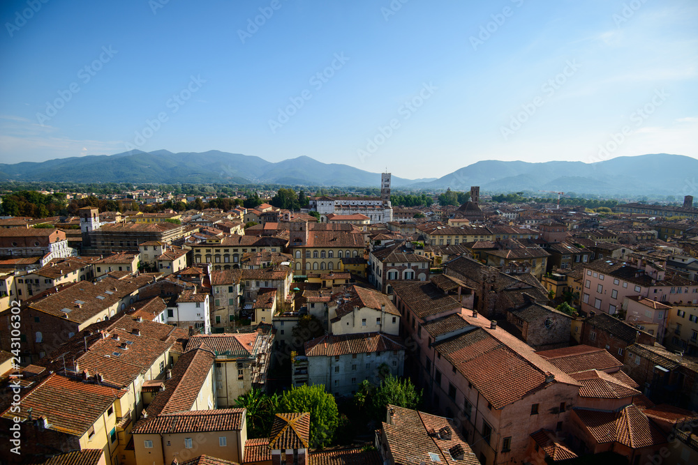 Landmarks of Italy - beautiful medieval town Lucca in Tuscany. City view from Guinigi tower ...