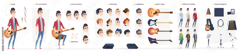 Guitar player character set. Body parts, guitars types, emotions and ...