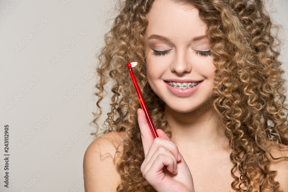 Healthy, beautiful smile, cute teen with dental braces smiling ...