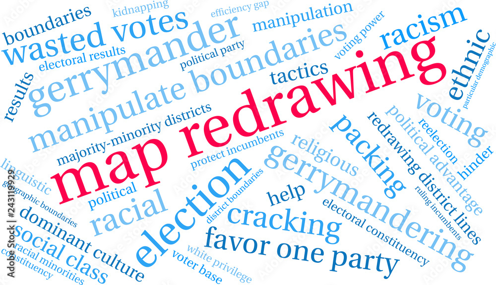 Map Redrawing with Gerrymandering Word Cloud on a white background ...