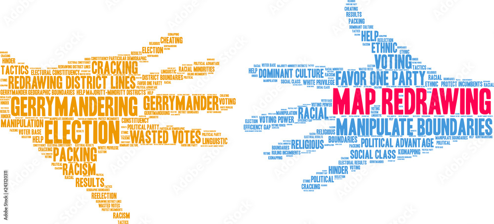 Map Redrawing for Gerrymandering Word Cloud on a white background ...
