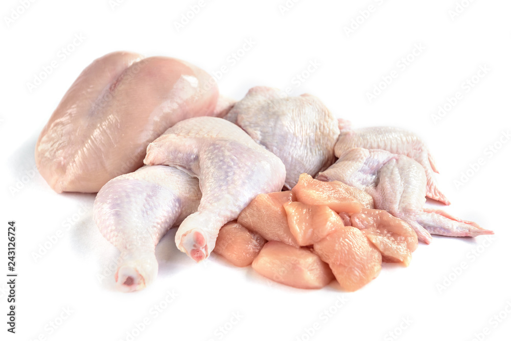 Raw chicken breast, fillets, legs, thighs and wings isolated on white ...