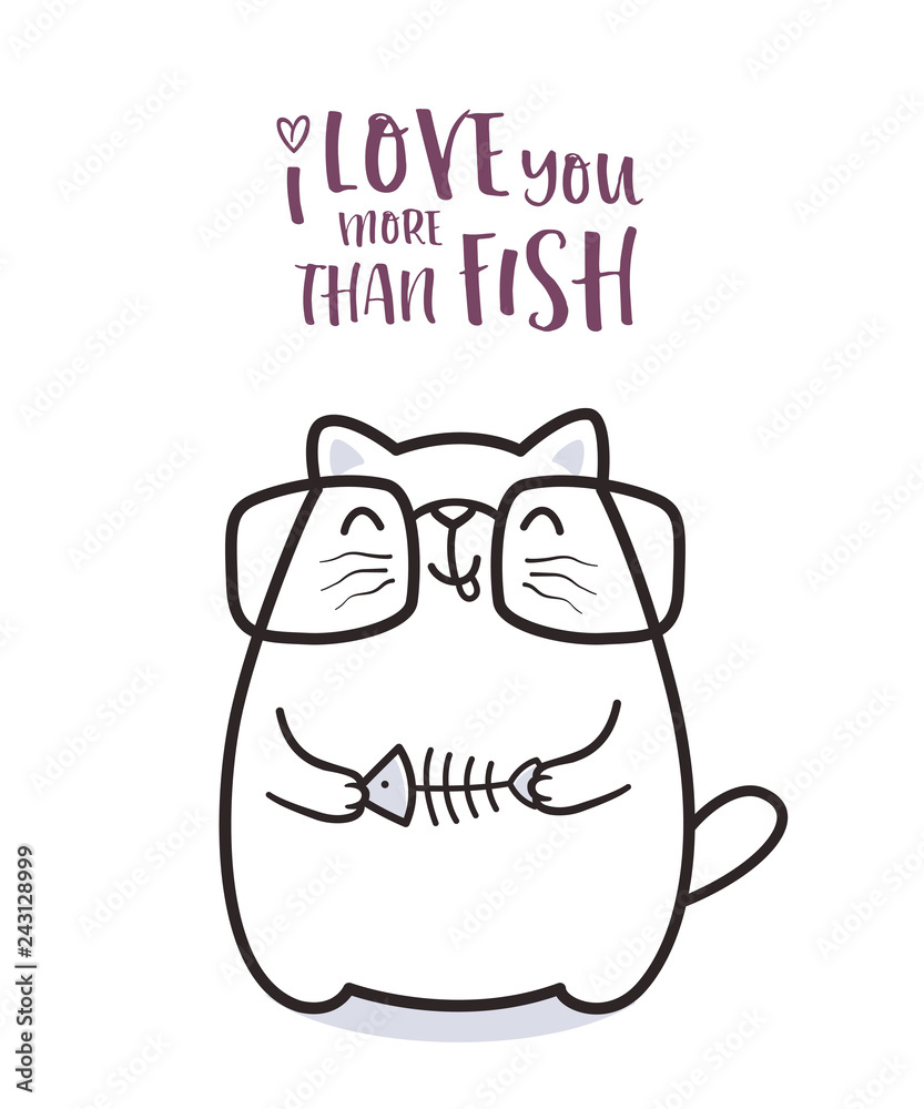 Cute cat with a fish for greeting card design t-shirt print or poster ...