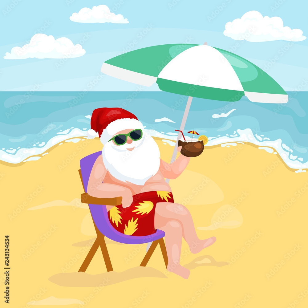 Cartoon image of santa claus in swimsuit sitting on beach Stock Vector ...
