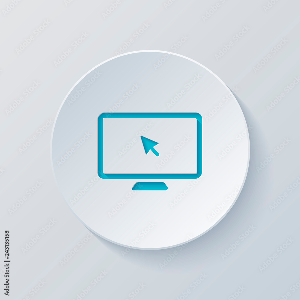 Desktop computer and mouse arrow. Simple digital icon. Cut circl Stock ...