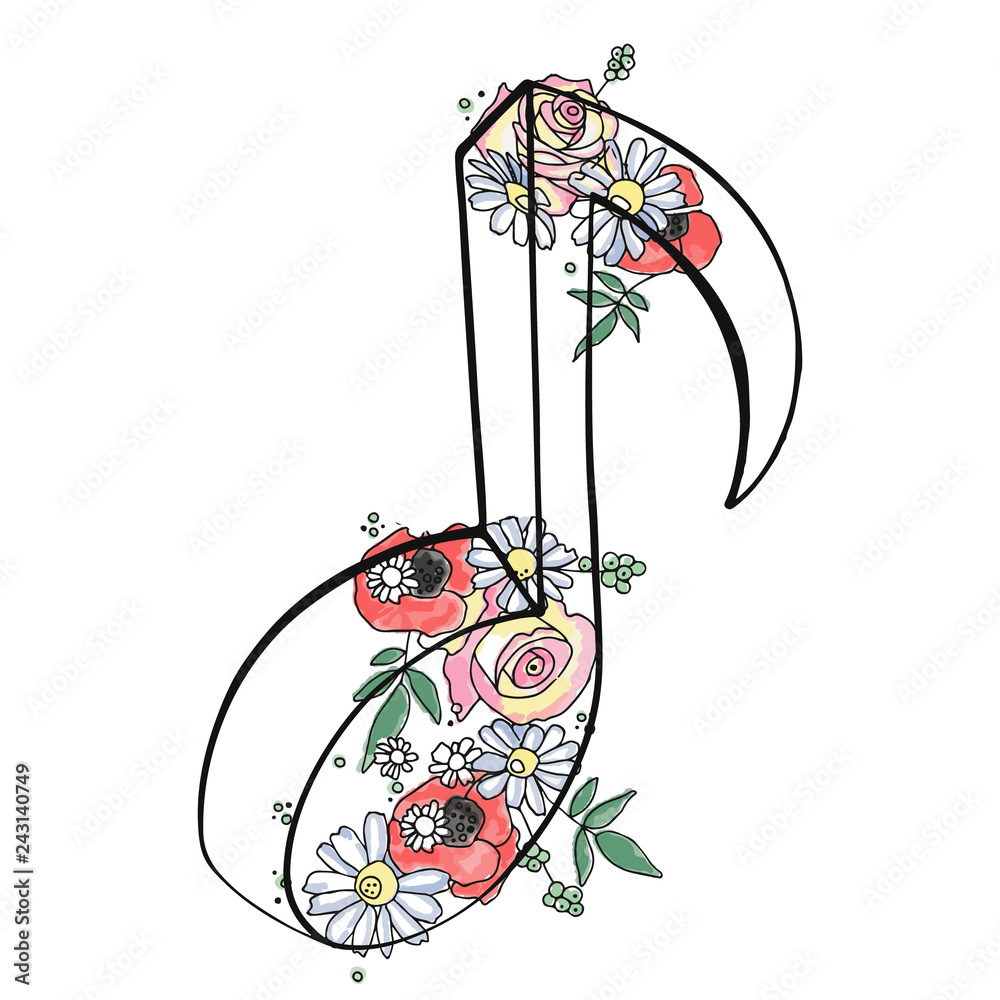 Vector hand drawn graphic illustration of musical note with flowers ...
