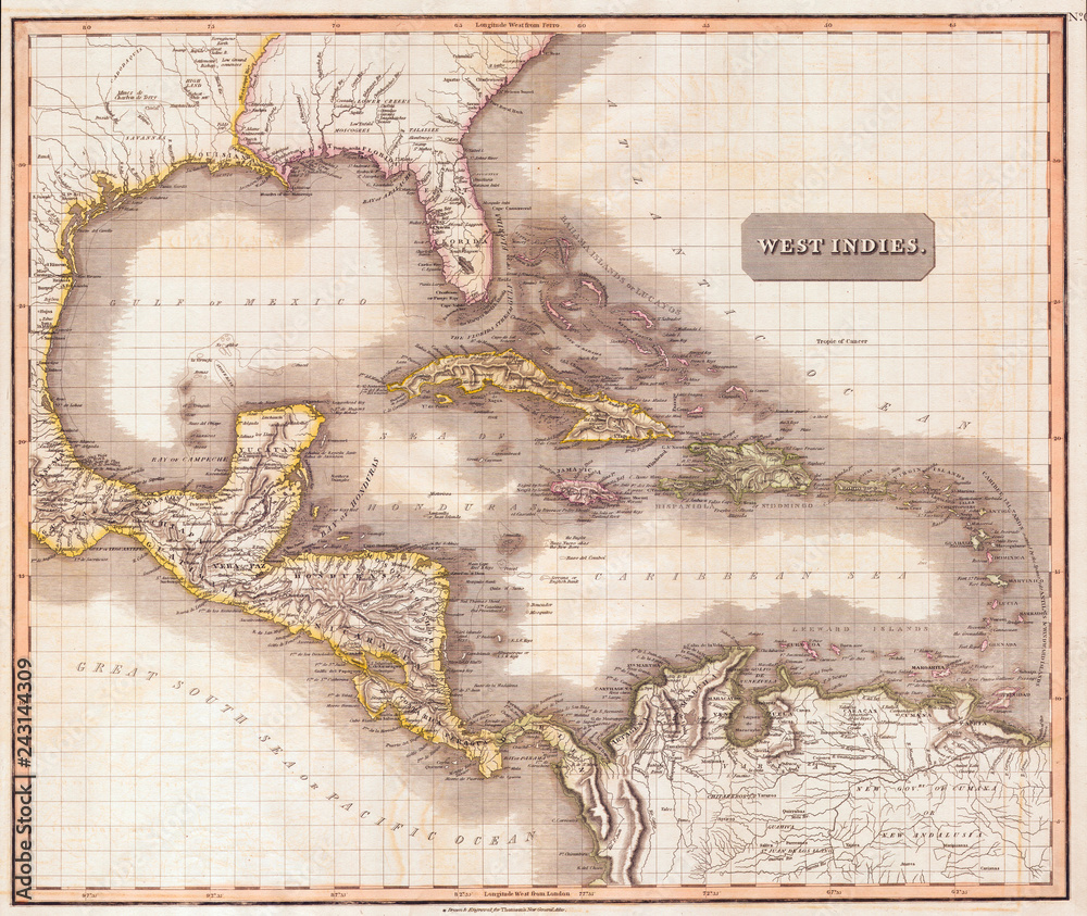 1814, Thomson Map of the West Indies and Central America, John Thomson ...